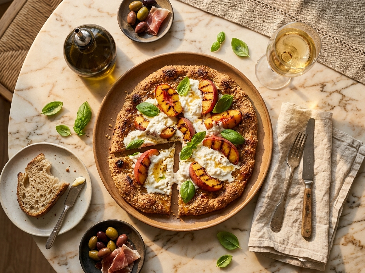 Spelt Charred Peach and Burrata Flatbread