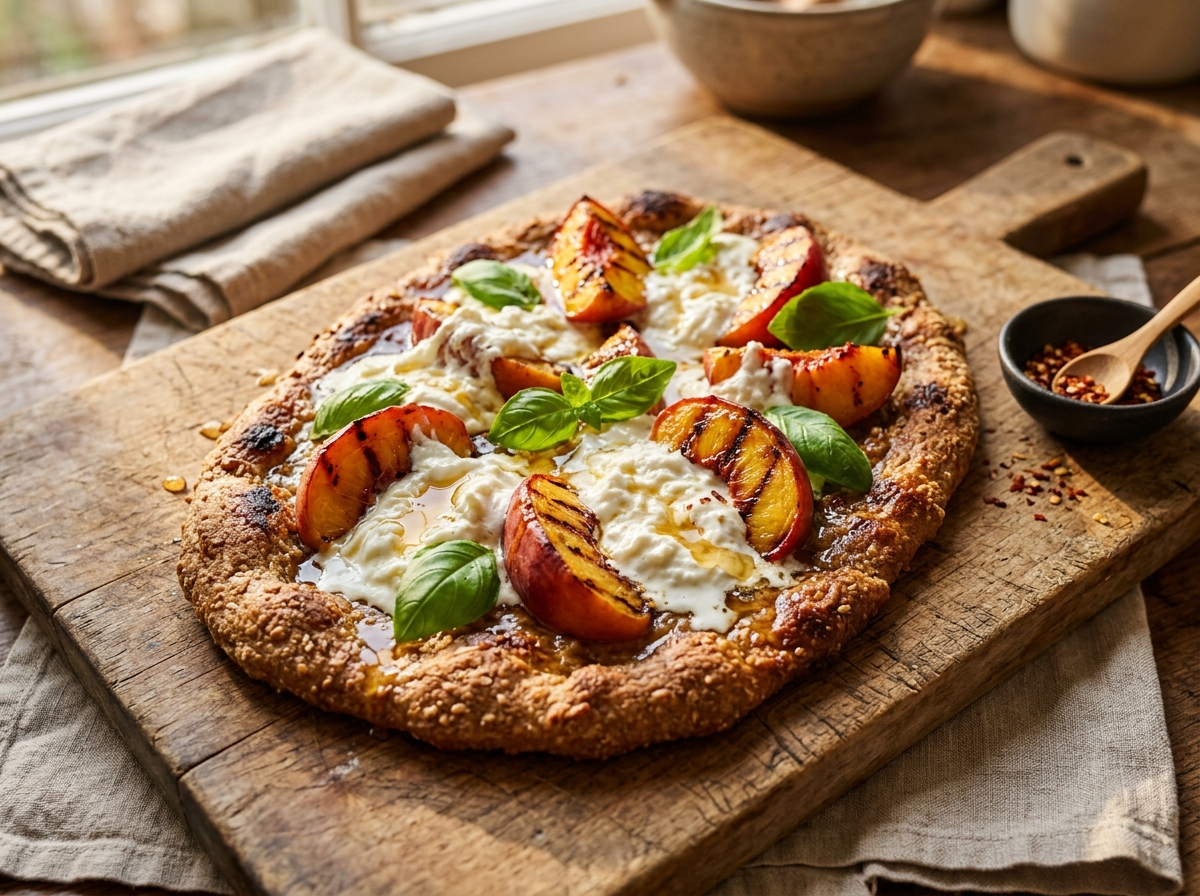 Spelt Charred Peach and Burrata Flatbread